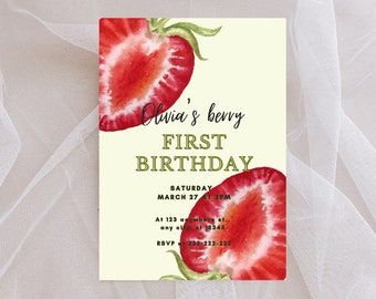 Berry First Birthday Invitation Template | Strawberry Editable Canva ...