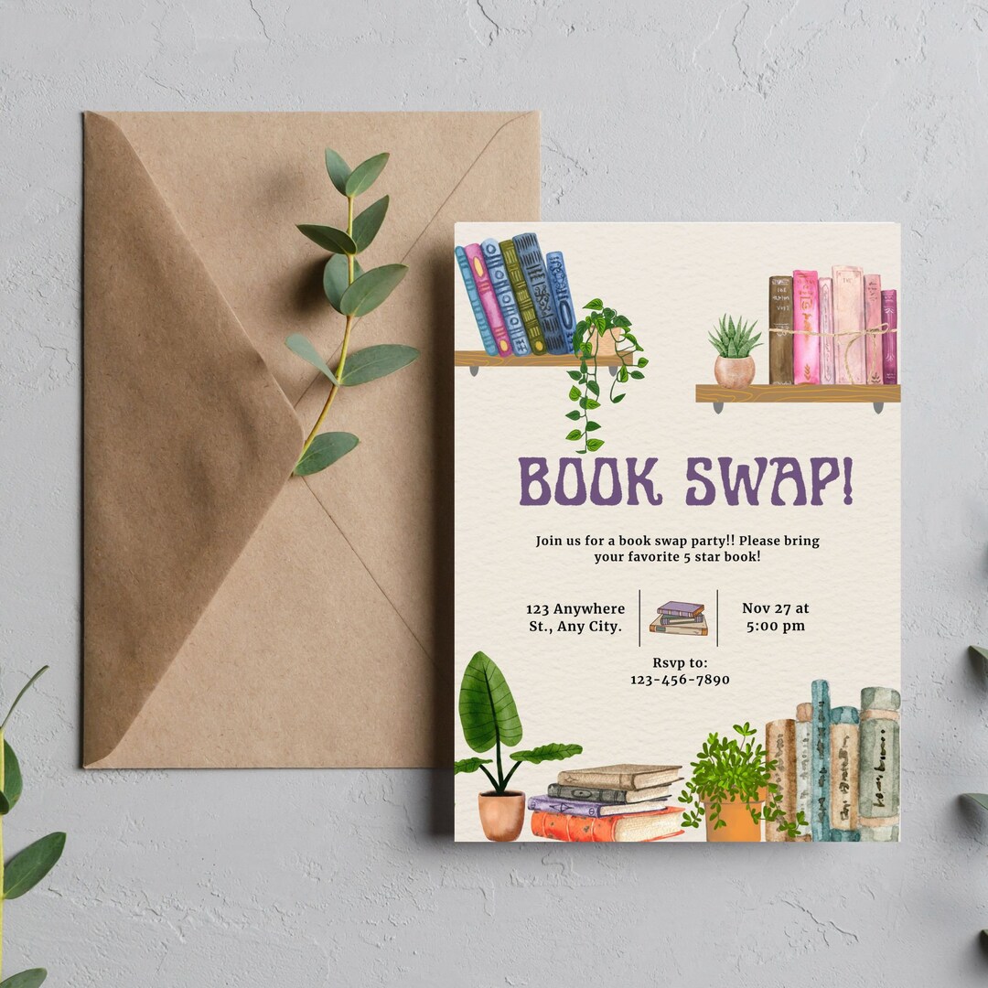 Book Swap/club Themed Editable Invitation - Etsy