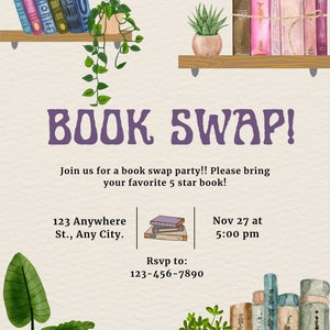 Book Swap/club Themed Editable Invitation - Etsy