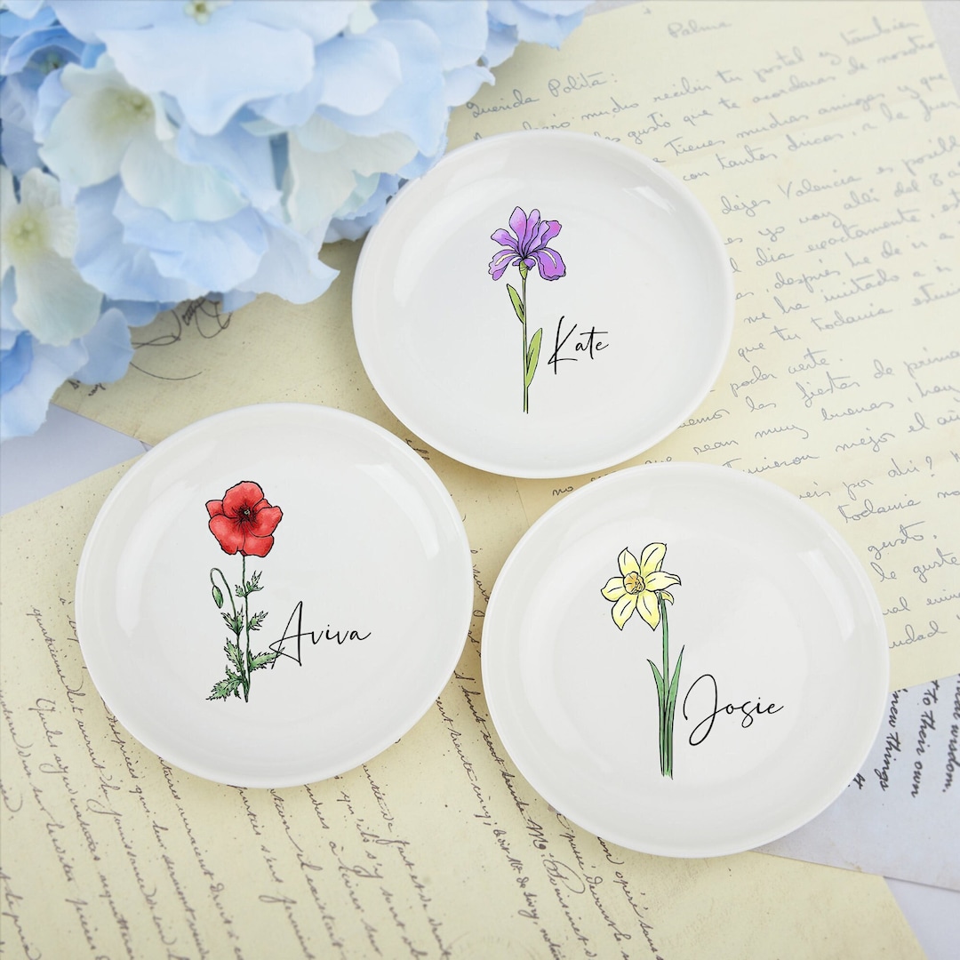Personalized Birth Flower Ring Dish With Name,wedding Ring Dish,jewelry ...