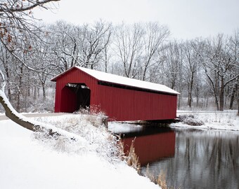 Digital Photo D/L Covered Bridge in Winter With Large Wreath and Light ...