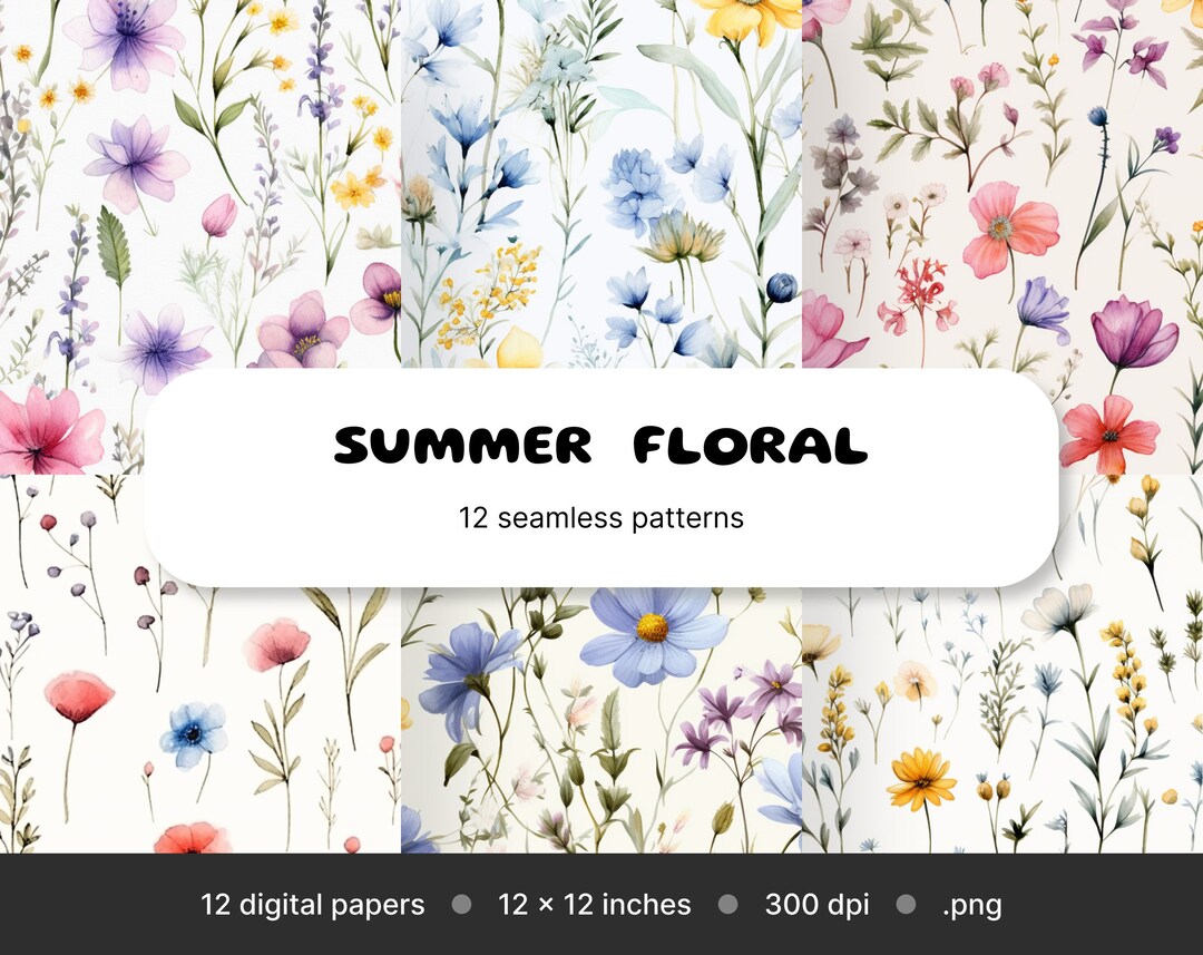 Summer Wildflower Digital Papers Seamless Floral Patterns Watercolor ...