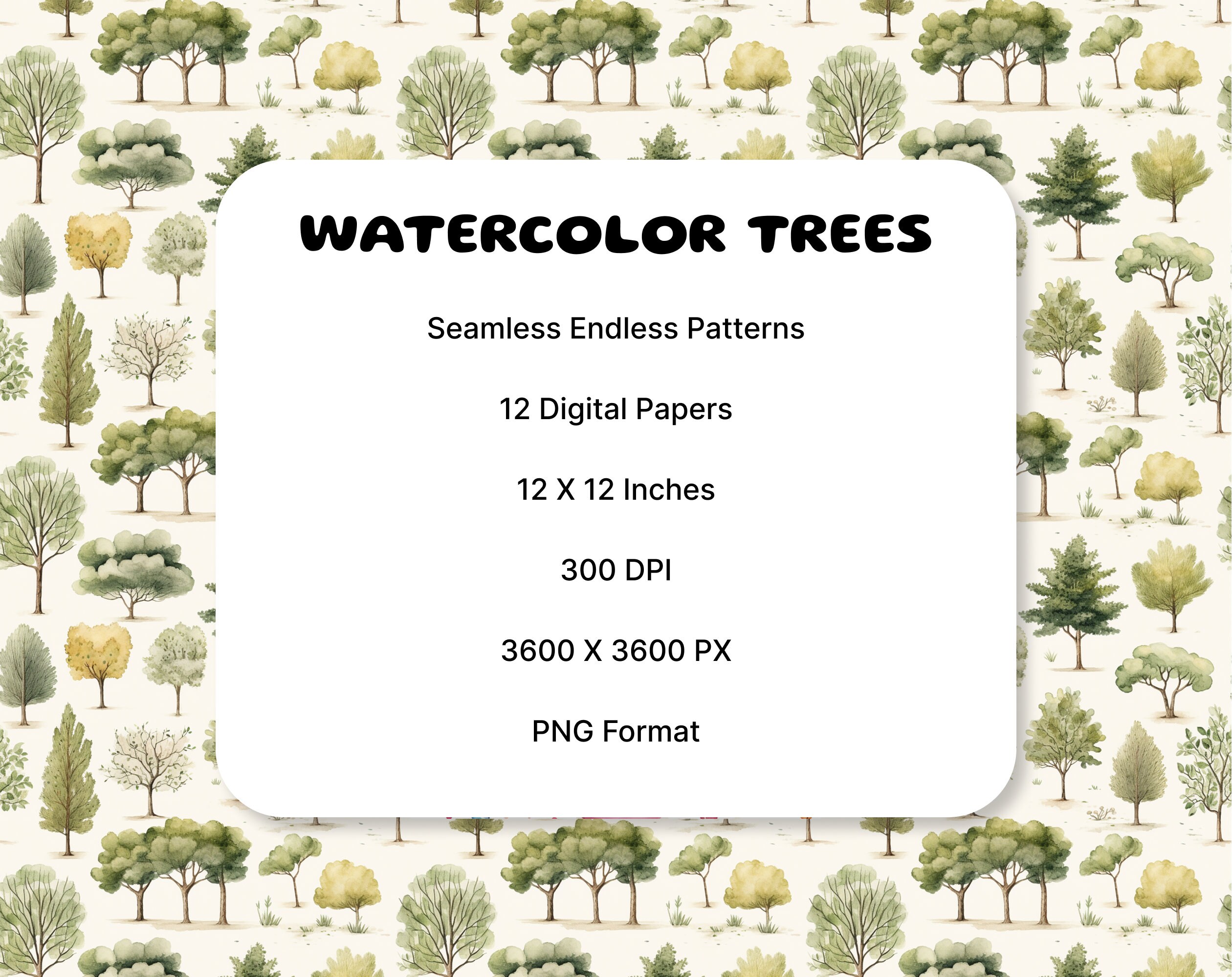 Watercolor Trees PNG Format Seamless Pattern for Commercial Use ...