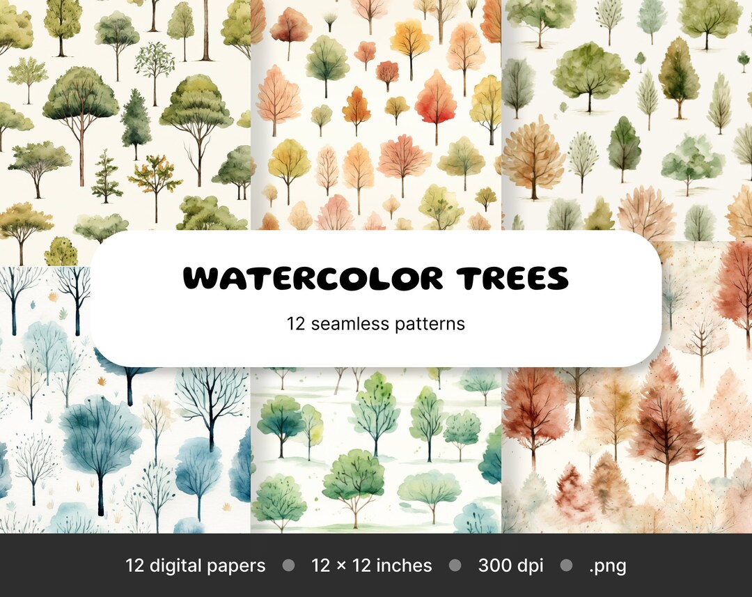 Watercolor Trees PNG Format Seamless Pattern for Commercial Use ...