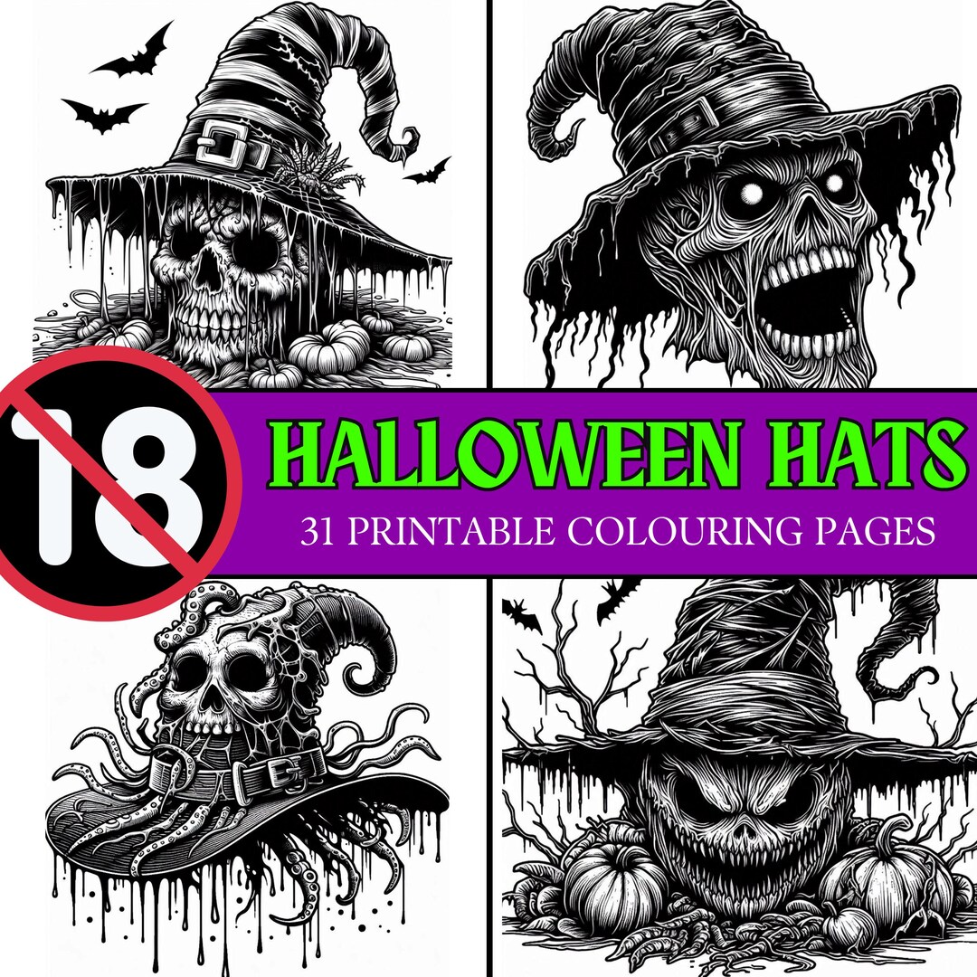CREEPY Halloween Hats COLOURING PAGES 31 Printable Coloring Pages, Fun ...