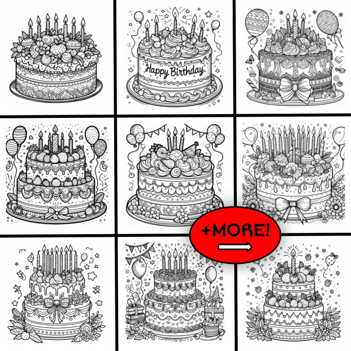 Birthday Cake COLOURING PAGES, 34 Printable Coloring Pages, Mindful ...