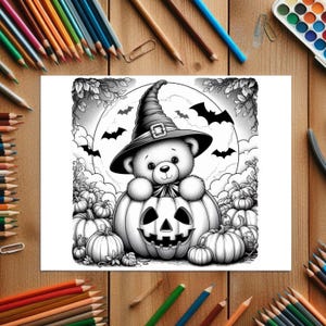 Halloween Teddies in Pumpkins COLOURING PAGES 24 Printable Coloring ...