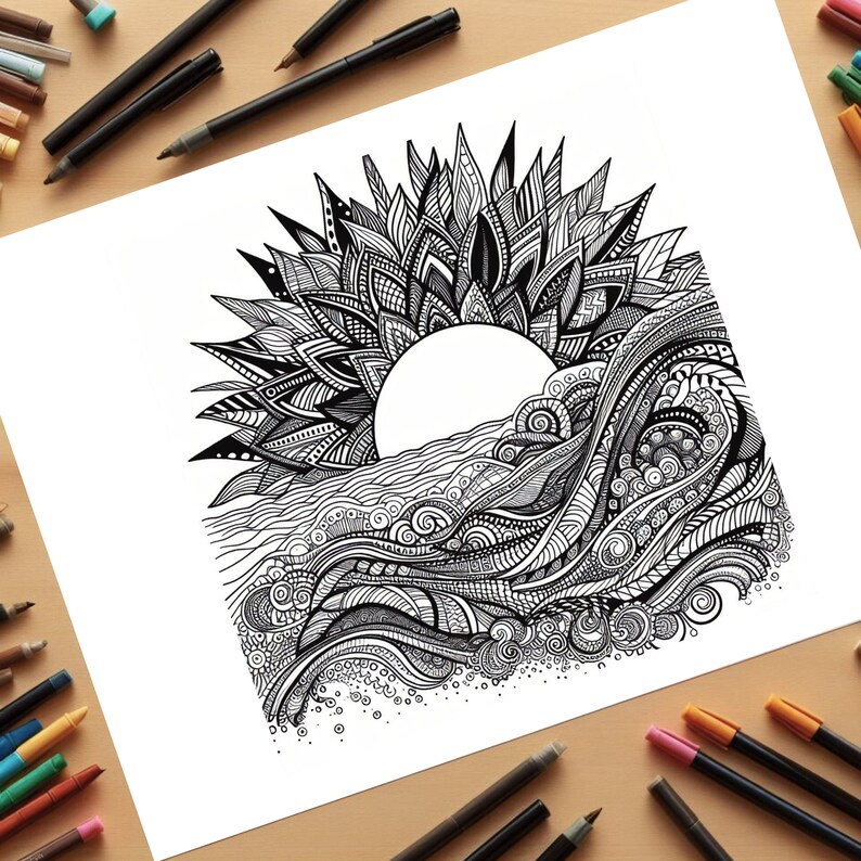 Zentangle Sunrise COLOURING PAGES, 32 Printable Coloring Pages, Mindful ...