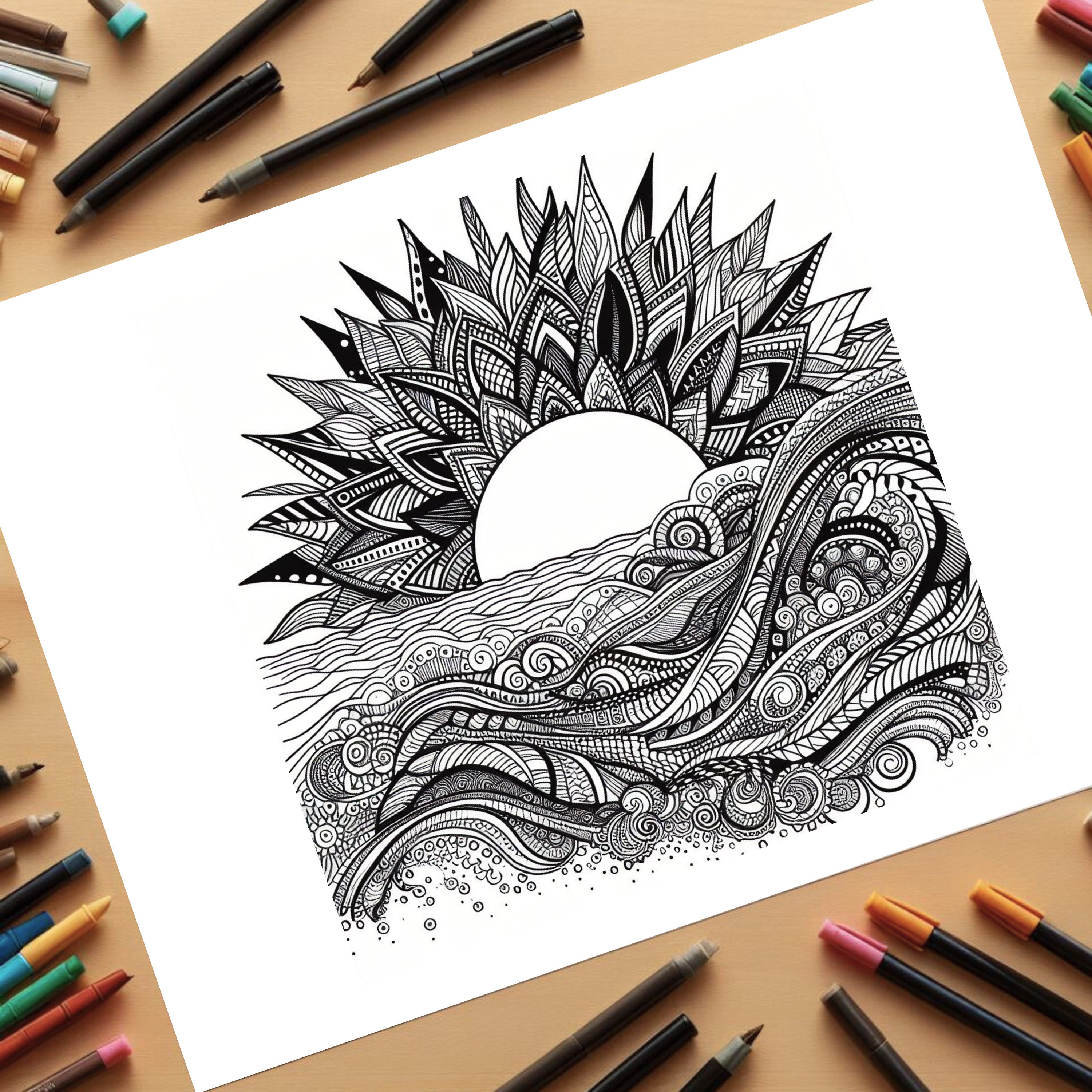 Zentangle Sunrise COLOURING PAGES, 32 Printable Coloring Pages, Mindful ...
