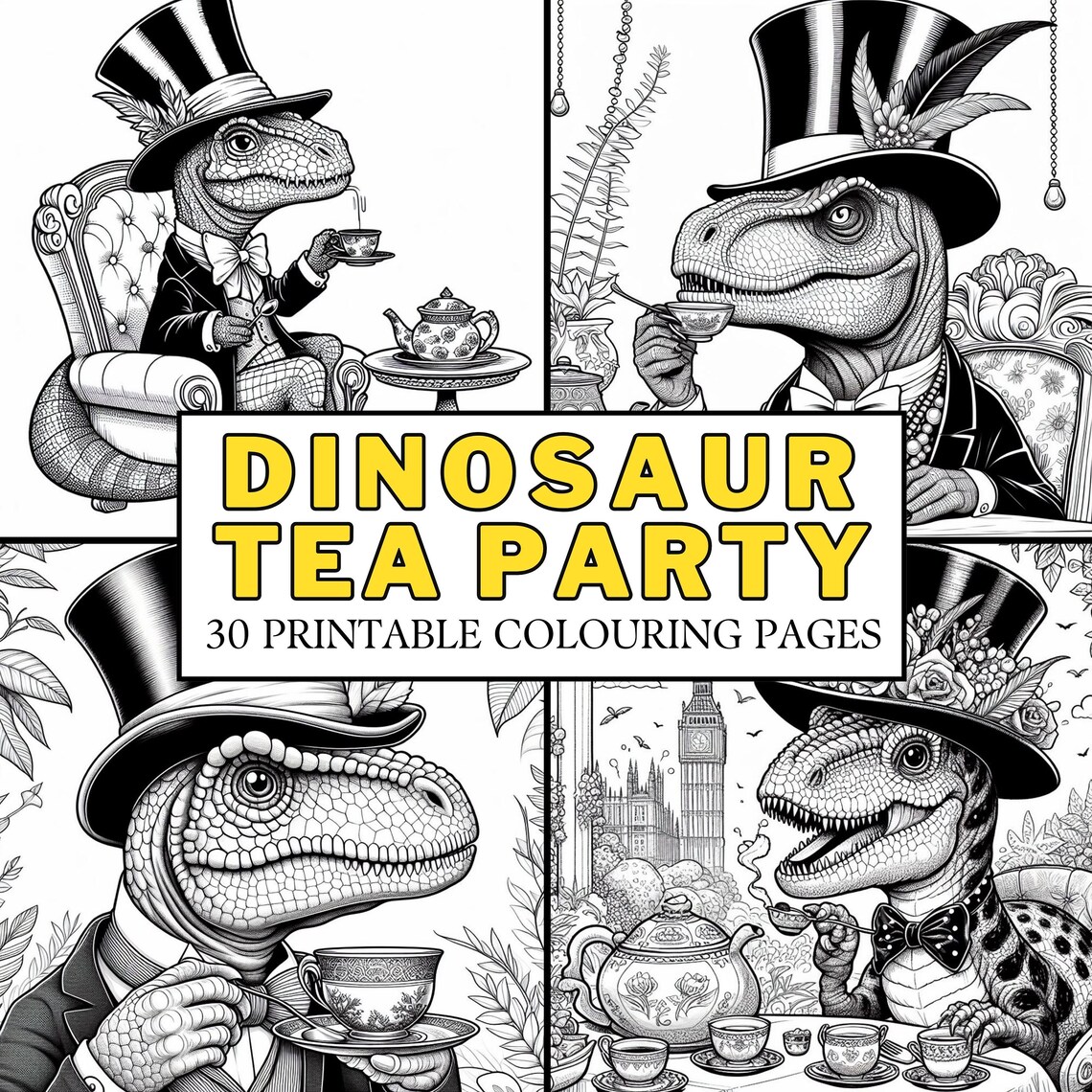 Dinosaur Tea Party COLOURING PAGES, 30 Printable Unique Funny Coloring ...