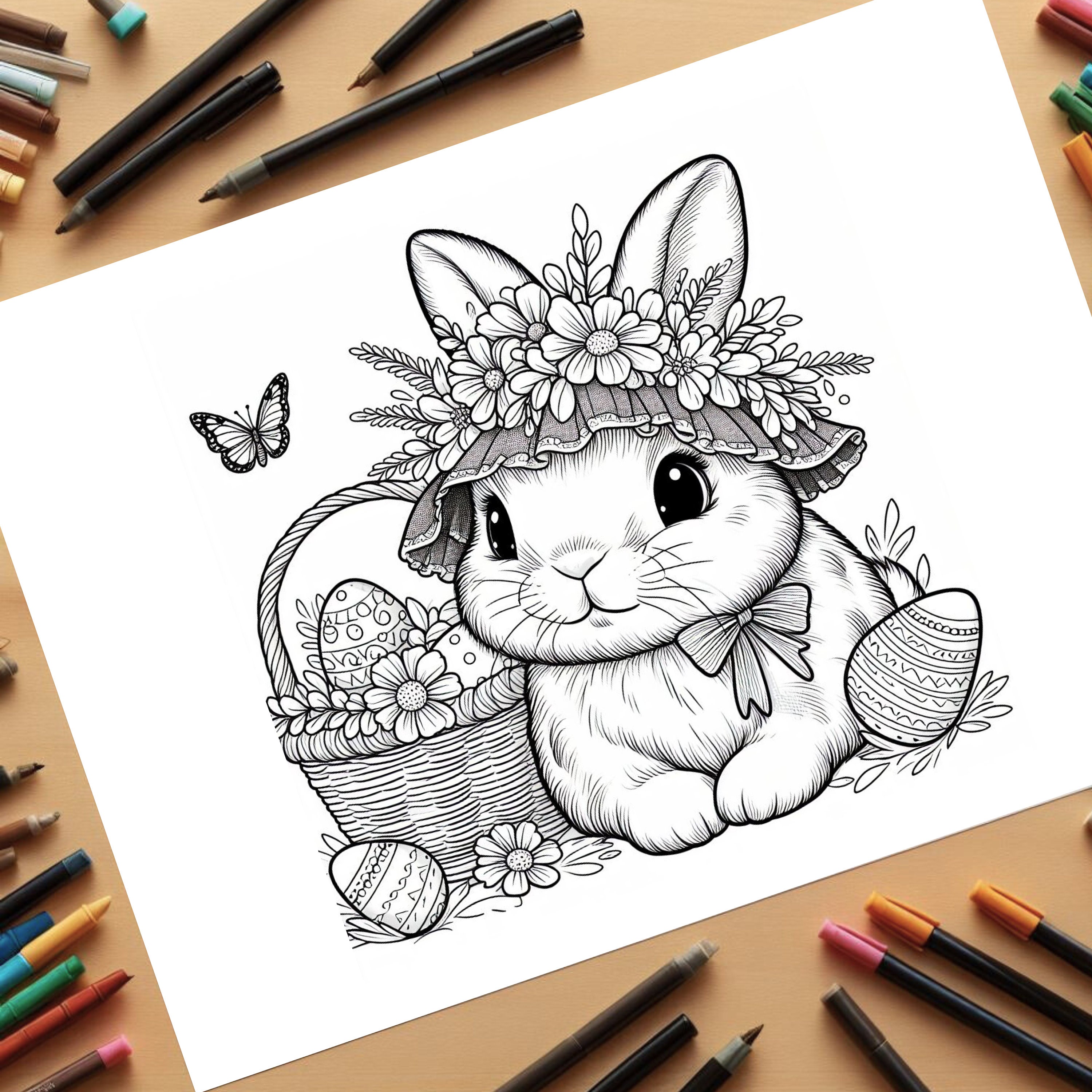 Easter Bunnies in Bonnets COLOURING PAGES, 26 Printable Coloring Pages ...