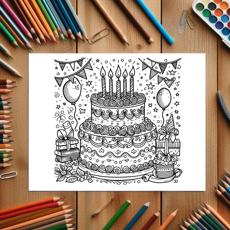 Birthday Cake COLOURING PAGES, 34 Printable Coloring Pages, Mindful ...