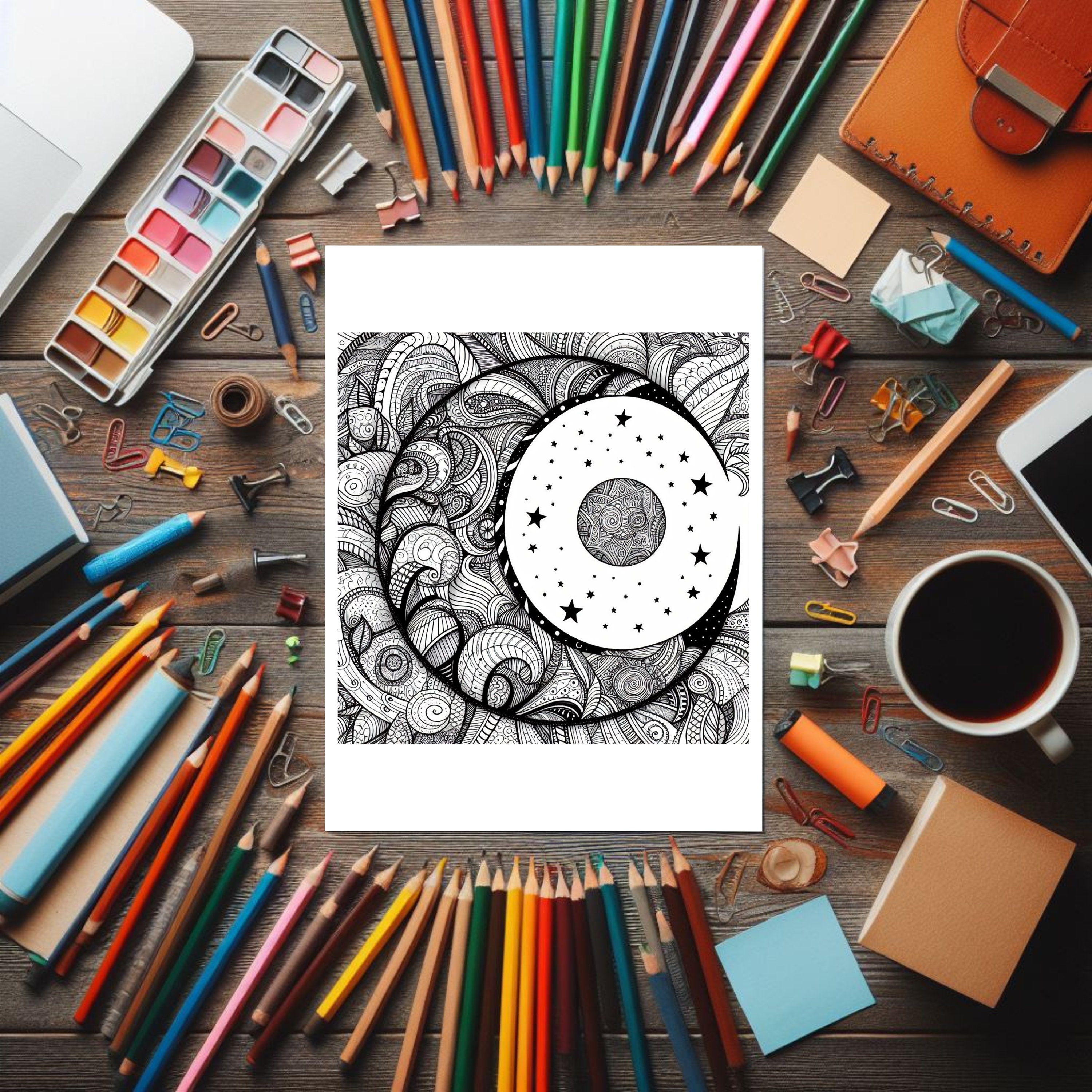 Zentangle Moon COLOURING PAGES 42 Printable Coloring Pages, Mindful ...