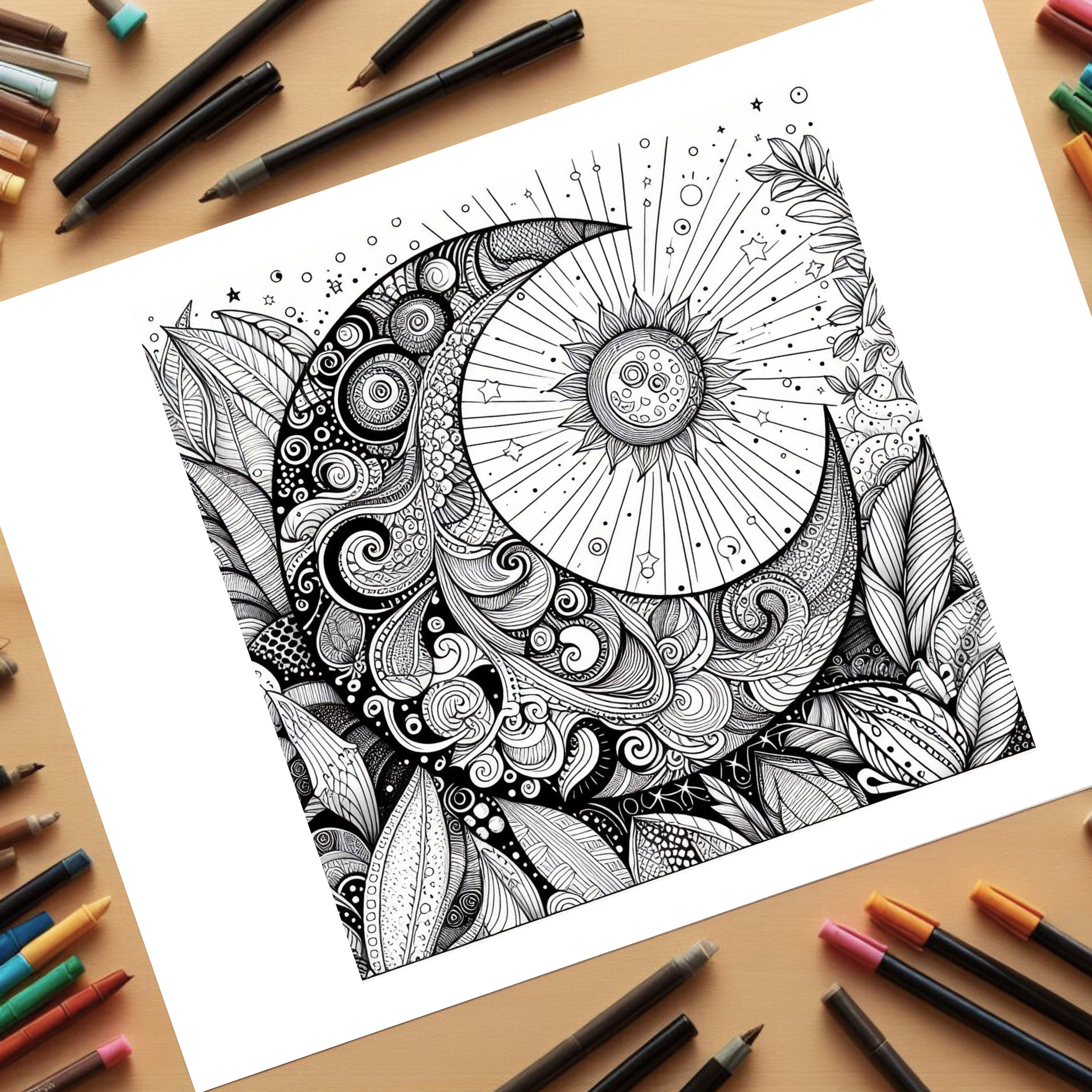 Zentangle Moon COLOURING PAGES 42 Printable Coloring Pages, Mindful ...