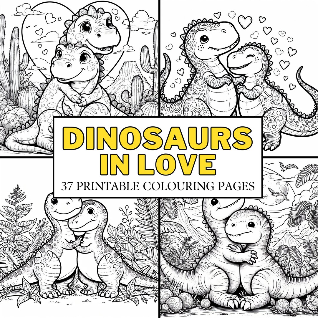 Valentine's Dinosaurs in Love COLOURING PAGES, 37 Printable Coloring ...
