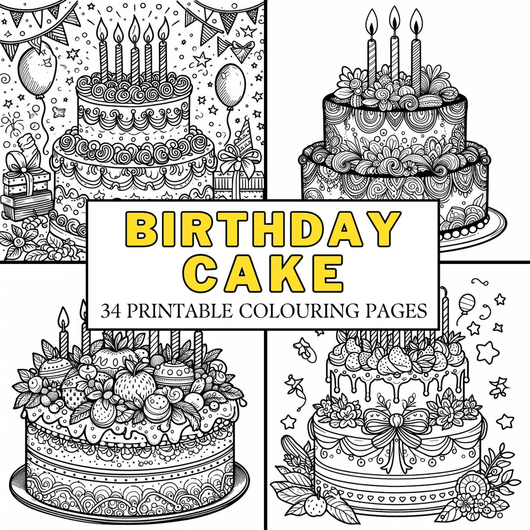 Birthday Cake COLOURING PAGES, 34 Printable Coloring Pages, Mindful ...