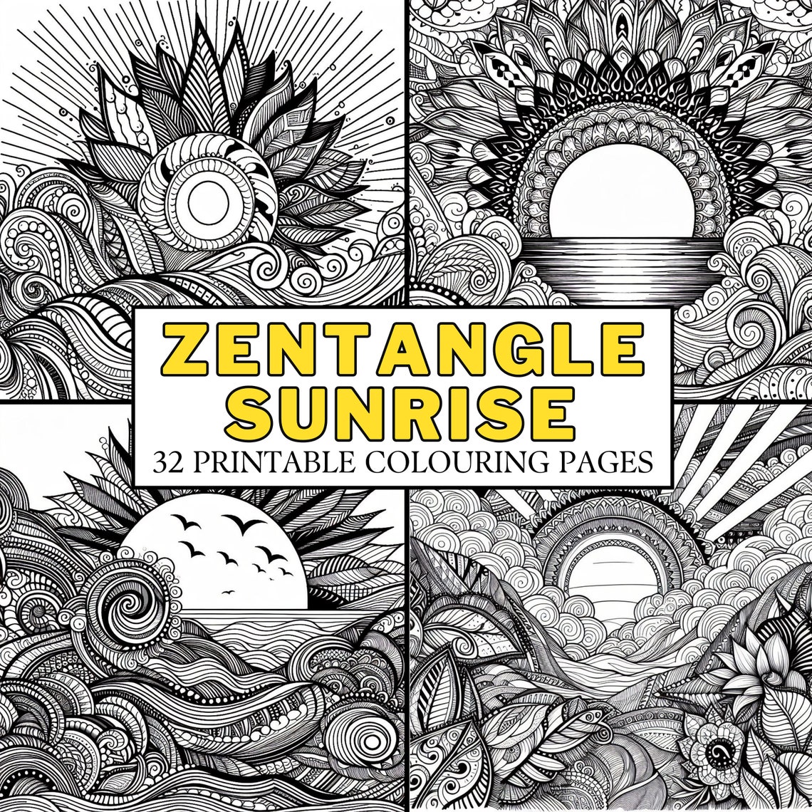 Zentangle Sunrise COLOURING PAGES, 32 Printable Coloring Pages, Mindful ...