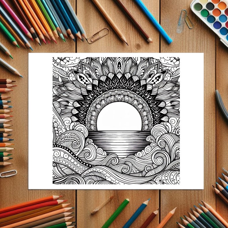 Zentangle Sunrise COLOURING PAGES, 32 Printable Coloring Pages, Mindful ...