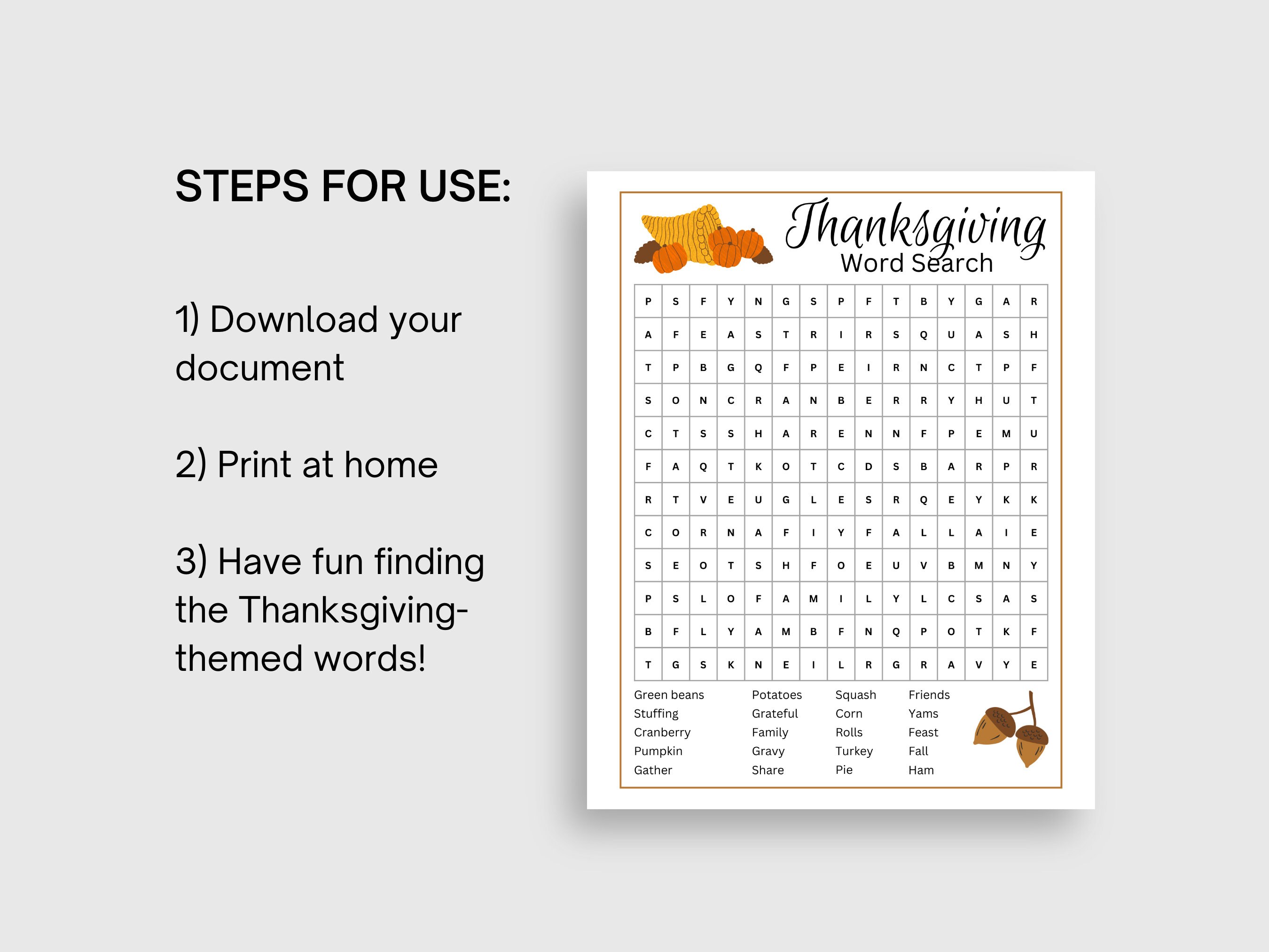 Thanksgiving Word Search Printable Party Game - Etsy