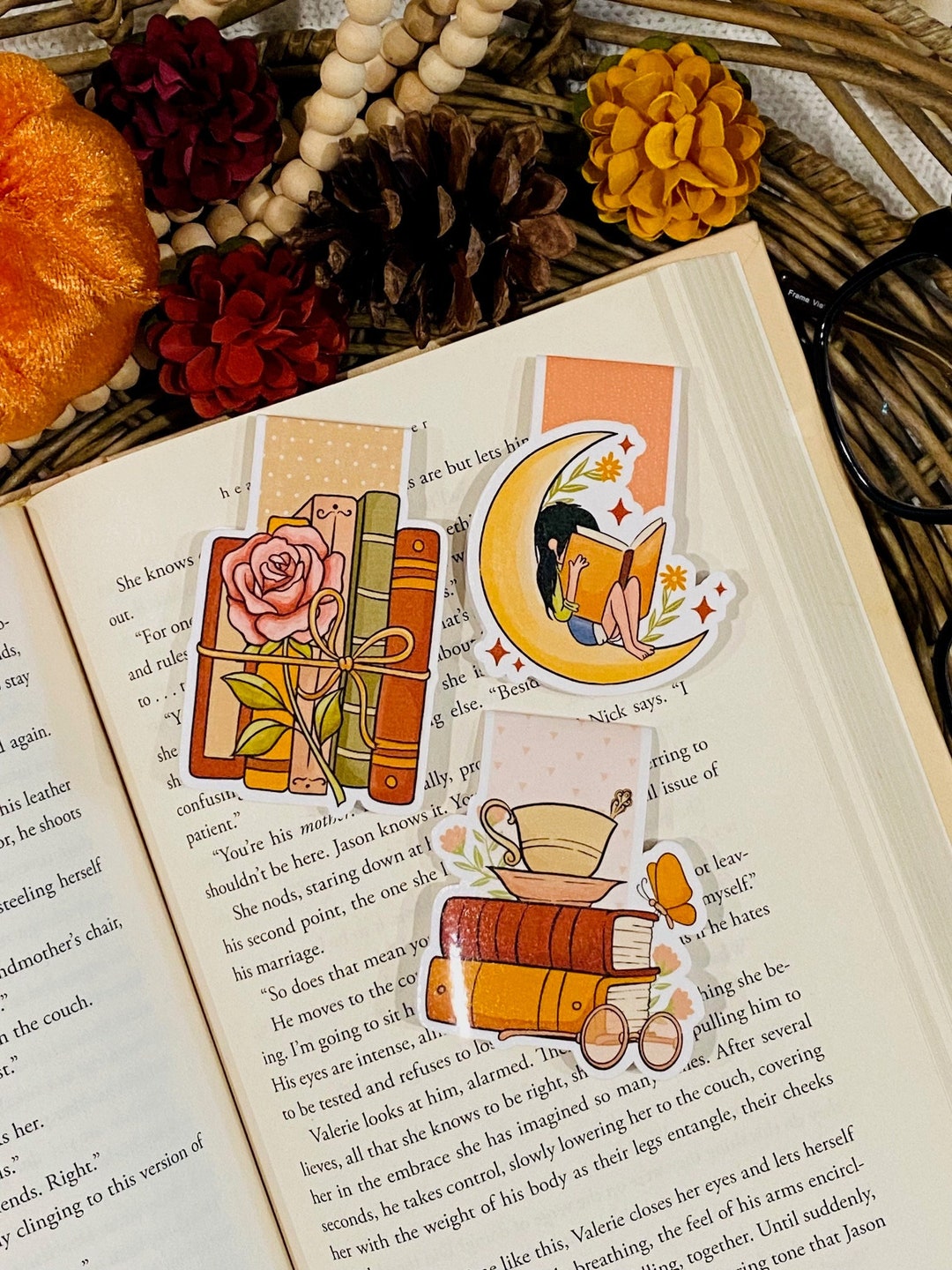 Boho Book Set Magnetic Bookmark Coffee Moon Rose Gift for - Etsy