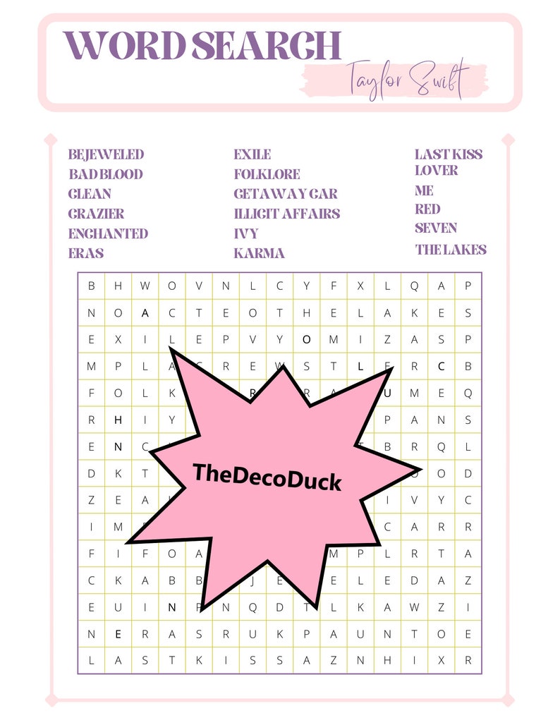 Taylor Swift Word Search Puzzle - Etsy