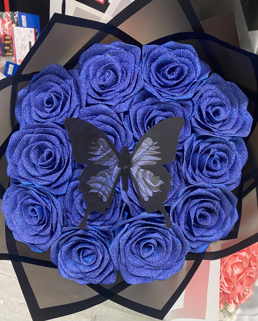 14 Blue Glitter Ribbon Roses Bouquet With Butterfly Handmade Eternal ...