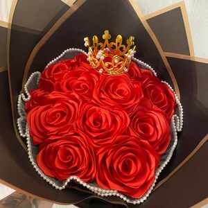 Handmade Red Ribbon Rose Bouquet With Crown - Etsy