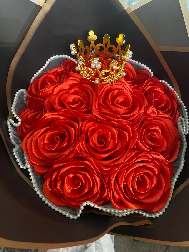 Handmade Red Ribbon Rose Bouquet With Crown - Etsy
