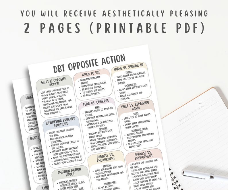 DBT Opposite Action Cheat Sheet PDF, Emotion Regulation, Coping Skills ...
