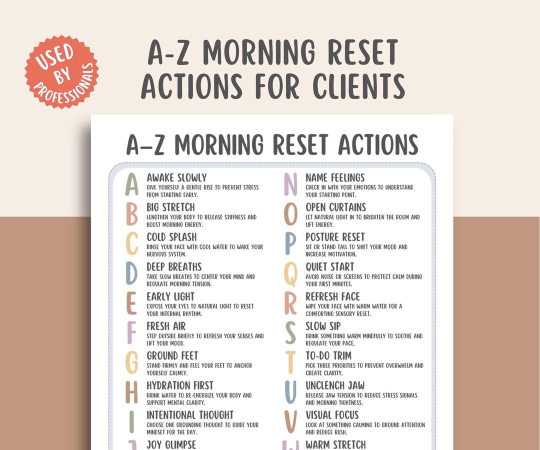 A-Z Morning Reset Actions Cheatsheet, Morning Routine Reset, Nervous ...