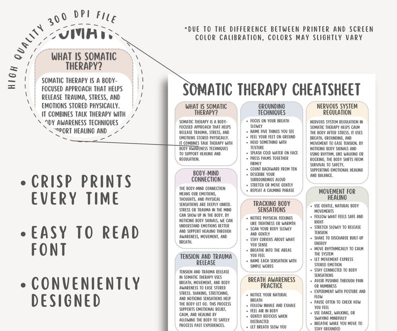 Somatic Therapy Cheatsheet, Body-based Healing Guide, Nervous System ...