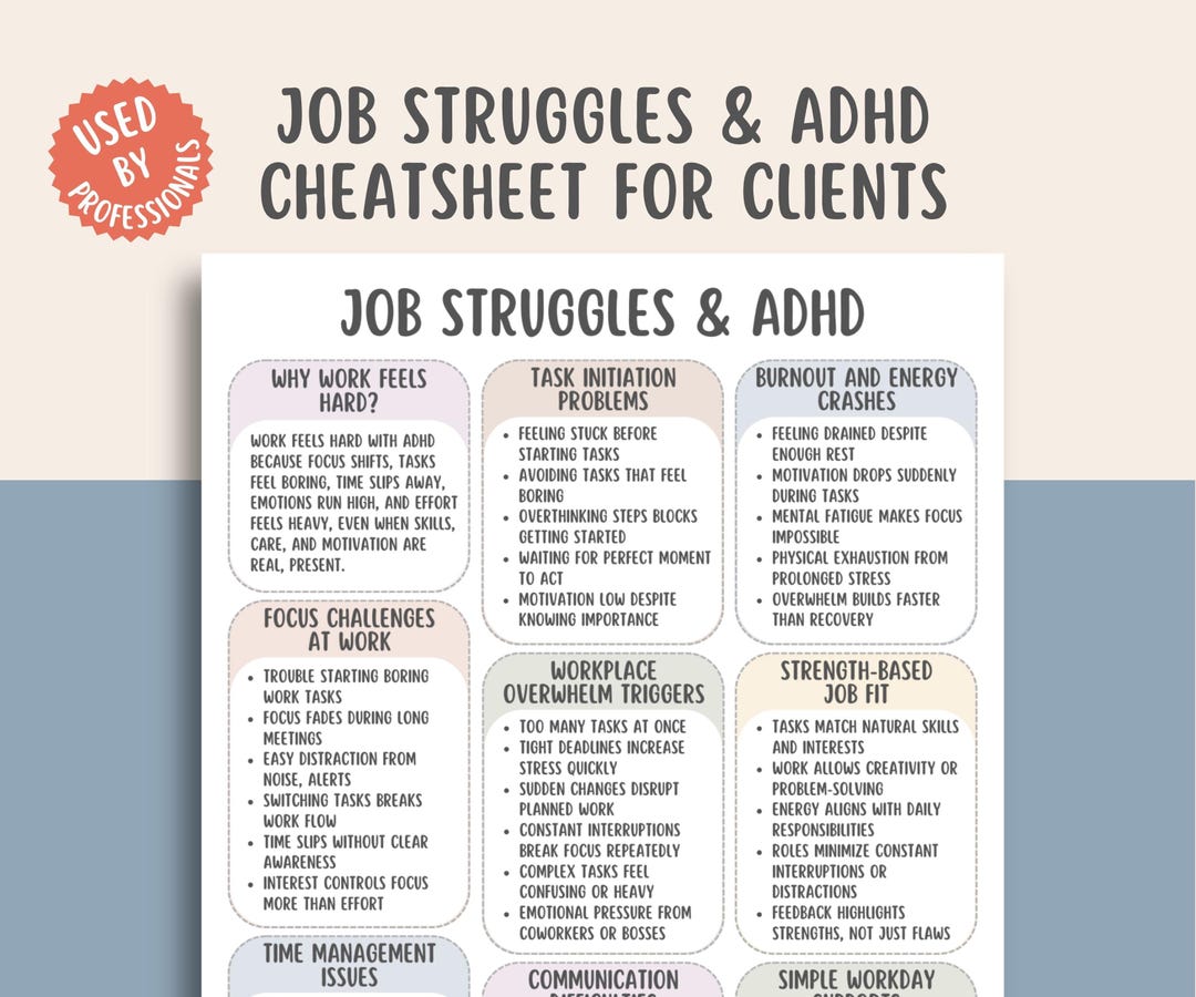 Job Struggles & ADHD Cheatsheet, ADHD at Work Guide, Workplace ADHD ...