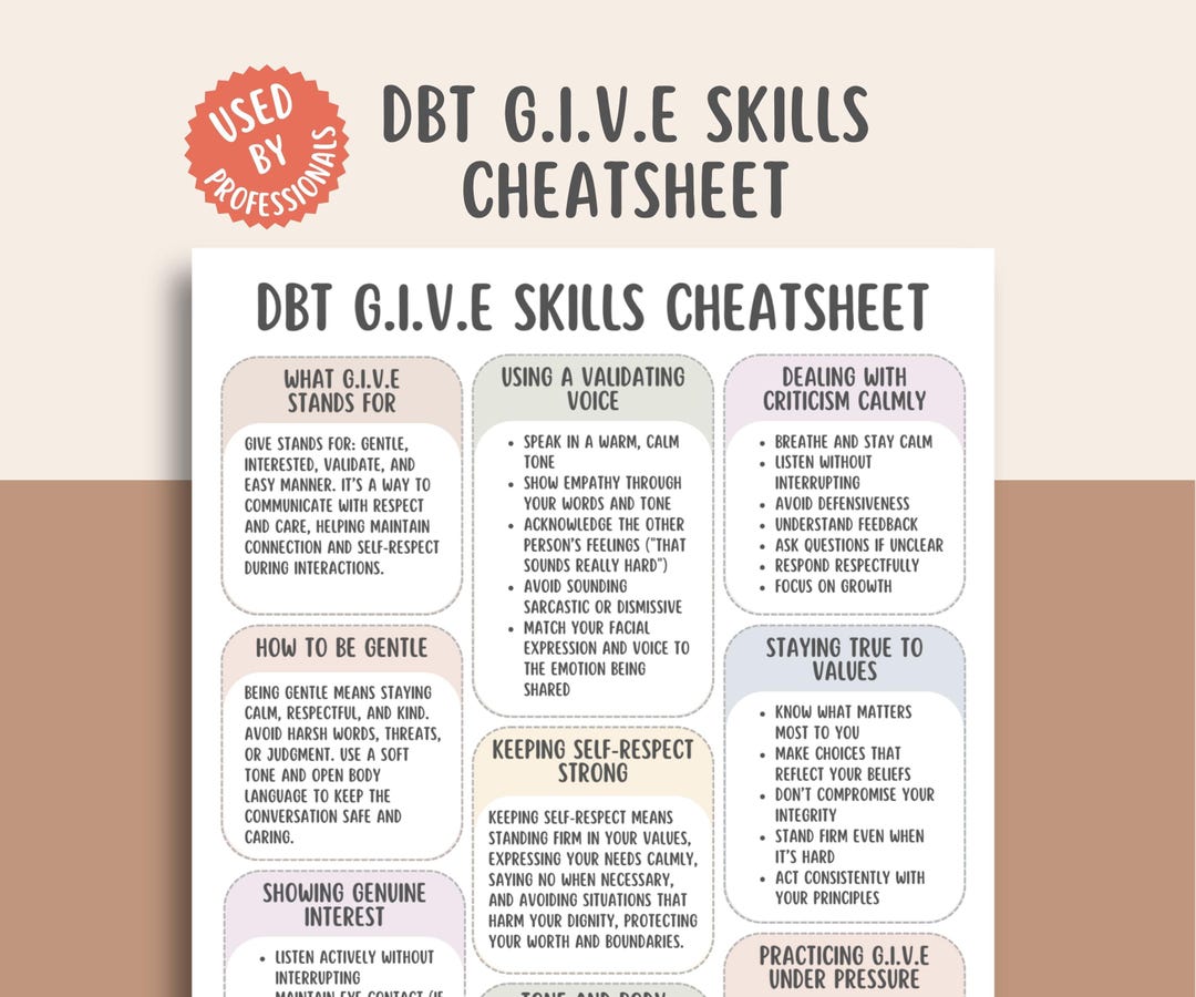 DBT GIVE Skills Cheat Sheet PDF, Therapy Worksheet, Mental Health Tool ...