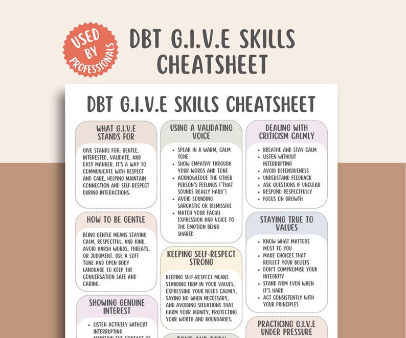 DBT GIVE Skills Cheat Sheet PDF, Therapy Worksheet, Mental Health Tool ...
