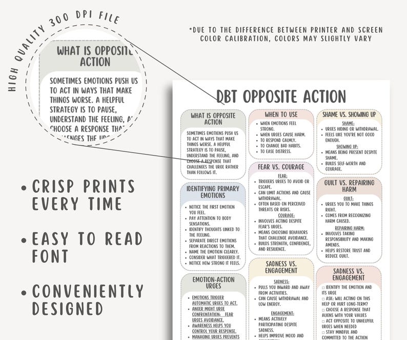 DBT Opposite Action Cheat Sheet PDF, Emotion Regulation, Coping Skills ...