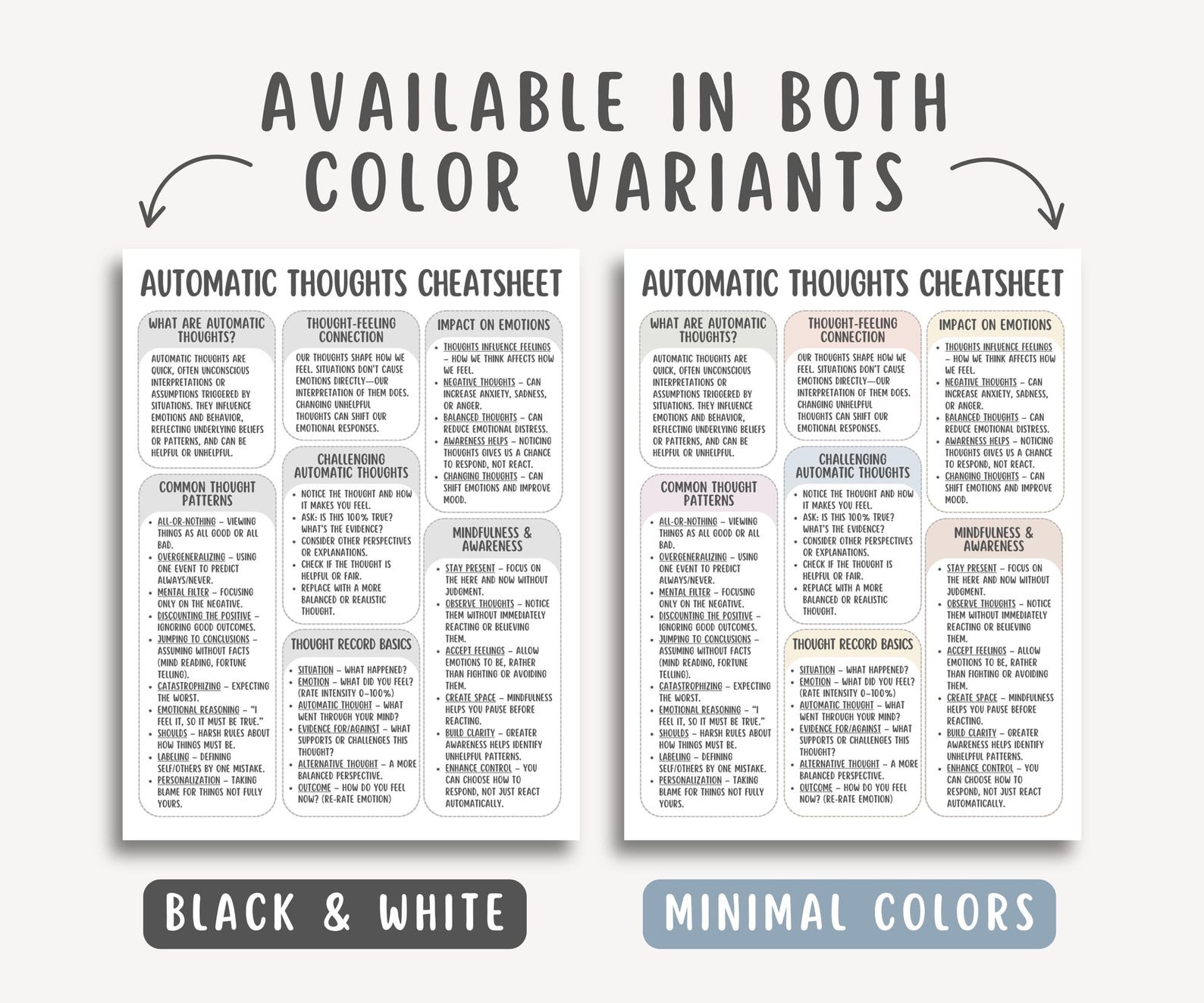Automatic Negative Thoughts Cheatsheet, CBT Thought Record, Challenging ...
