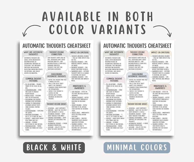 Automatic Negative Thoughts Cheatsheet, CBT Thought Record, Challenging ...