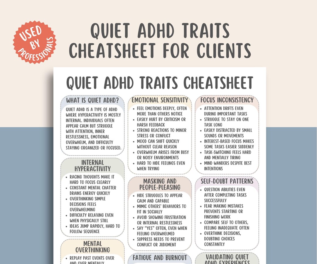 Quiet ADHD Traits Cheatsheet, Inattentive ADHD, Internal Hyperactivity ...