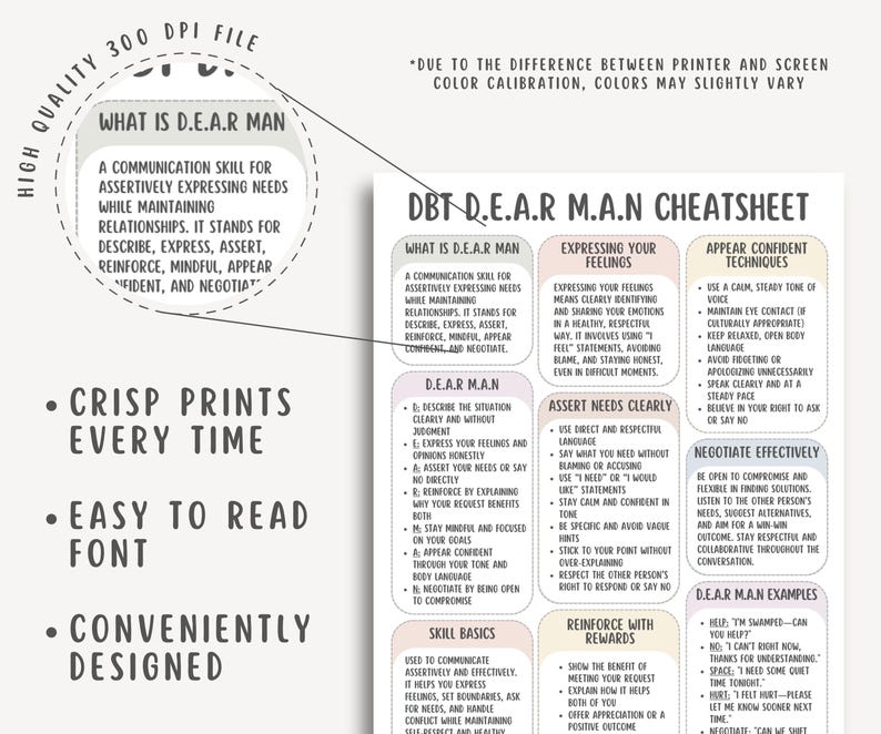 DBT DEAR MAN Cheat Sheet, Communication Worksheet, Coping Skills Guide ...