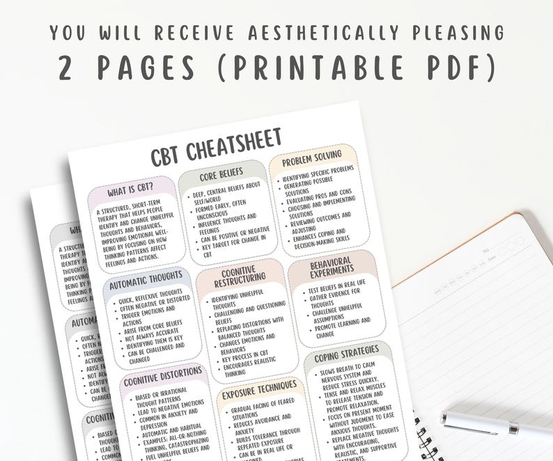 CBT Therapy Cheatsheet, Automatic Thoughts, Core Beliefs, Cognitive ...