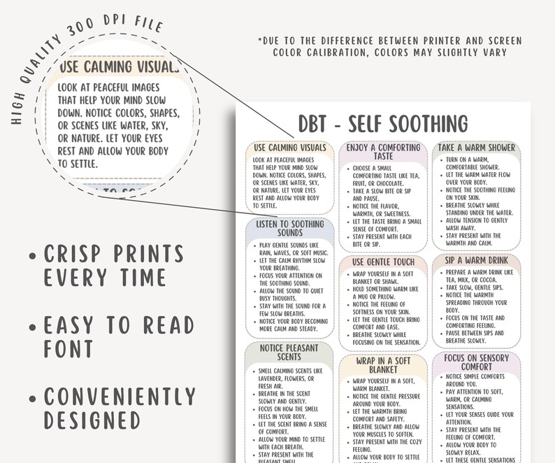 DBT Self Soothing Cheatsheet, Distress Tolerance Worksheet, Sensory ...