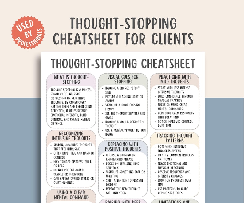 Thought-stopping Cheatsheet, Intrusive Thought Guide, Cognitive ...