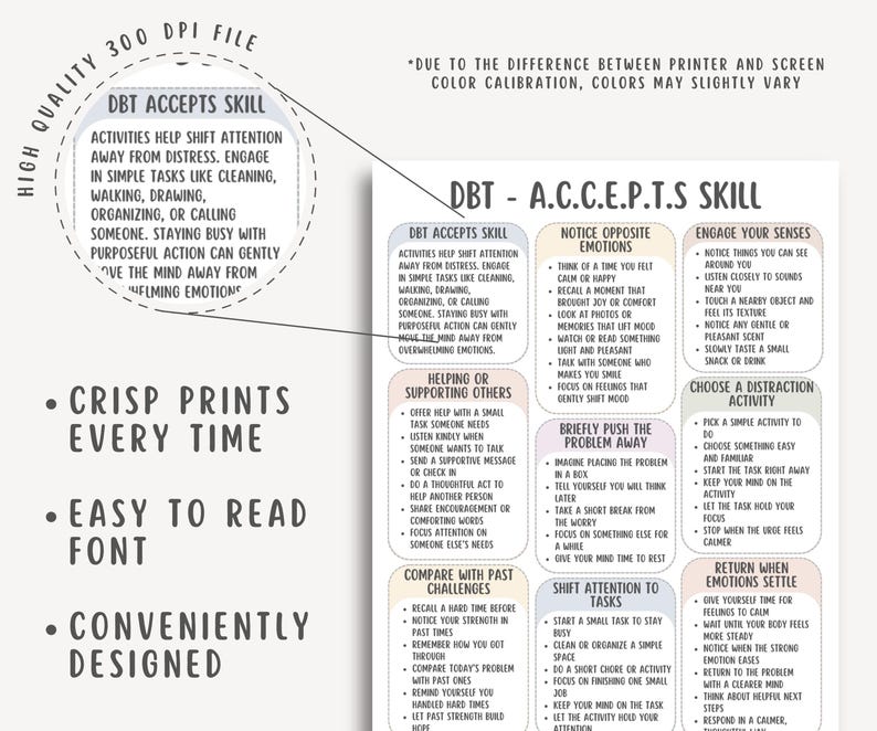 DBT ACCEPTS Skill Cheatsheet, Distress Tolerance Worksheet, Crisis ...