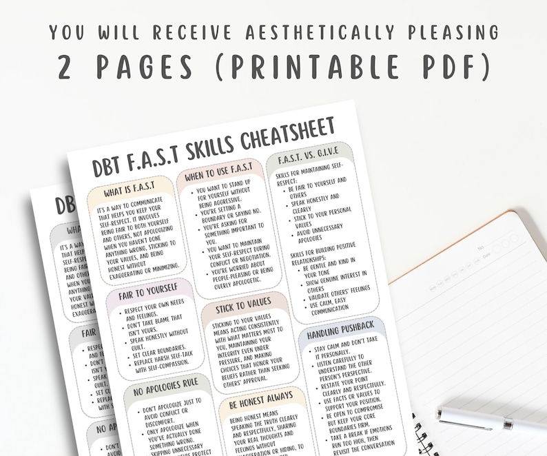 DBT FAST Skills Cheat Sheet, Emotional Regulation, Coping Skills ...