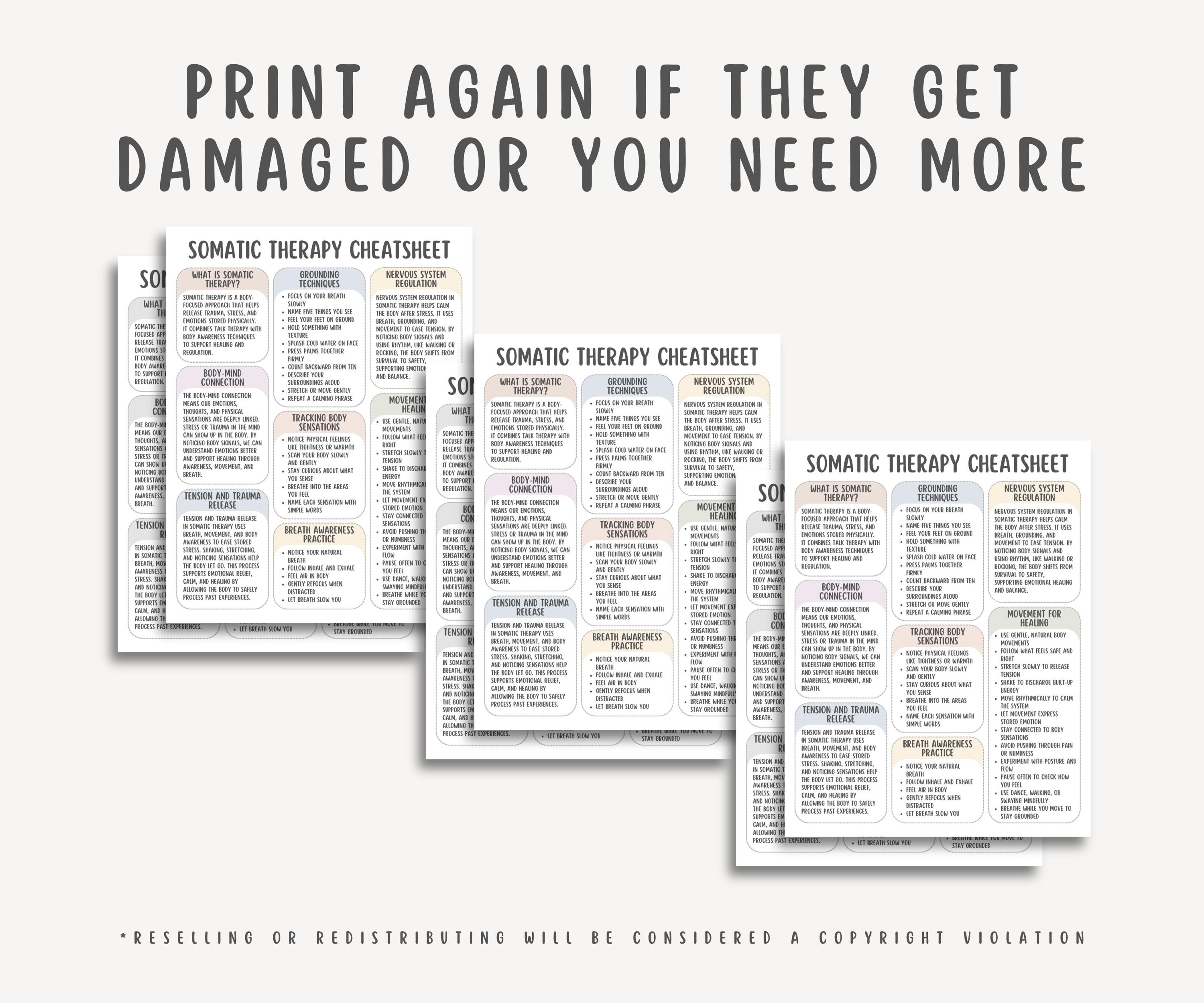 Somatic Therapy Cheatsheet, Body-based Healing Guide, Nervous System Reset Chart, Trauma Release ...