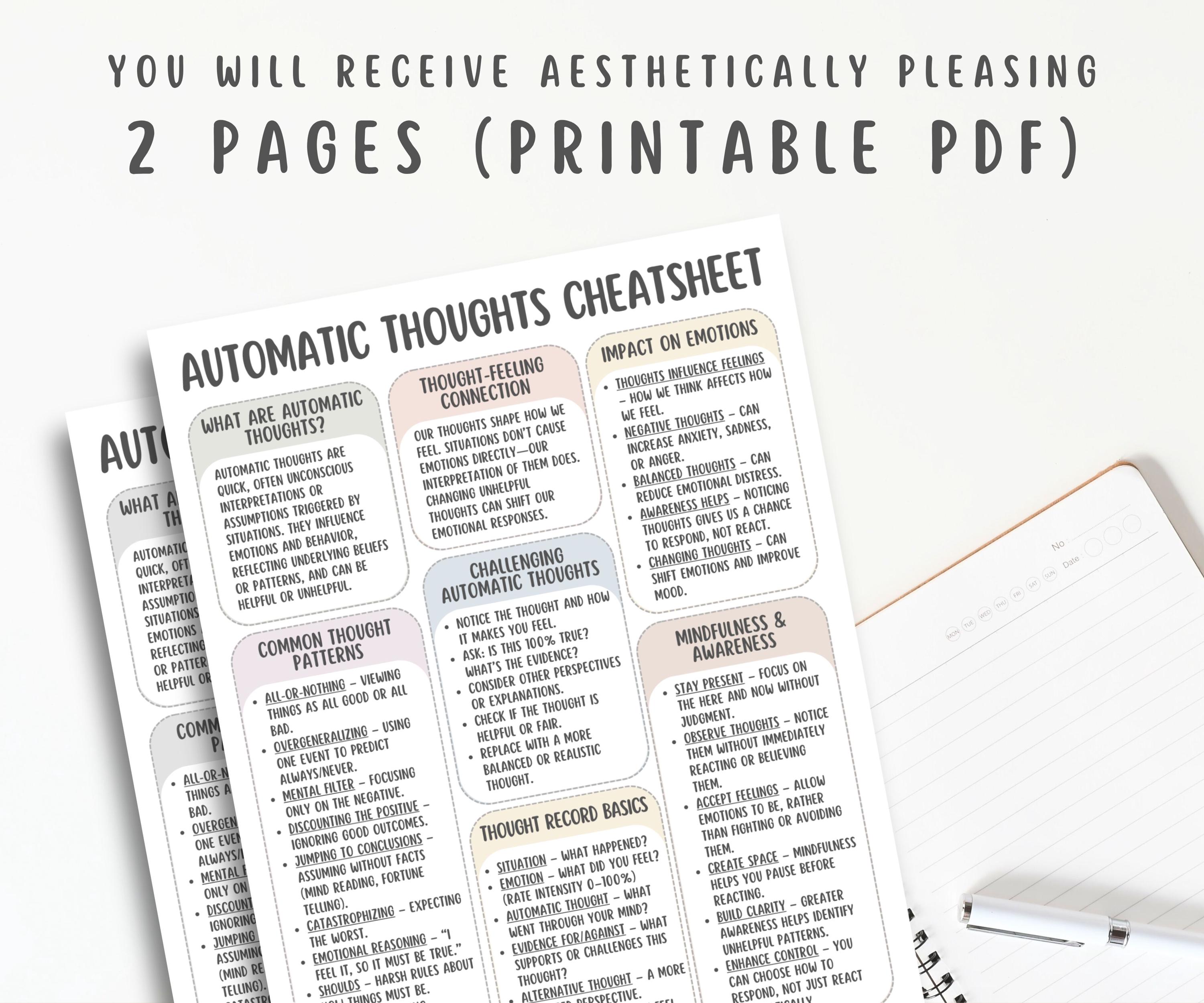 Automatic Negative Thoughts Cheatsheet, CBT Thought Record, Challenging ...