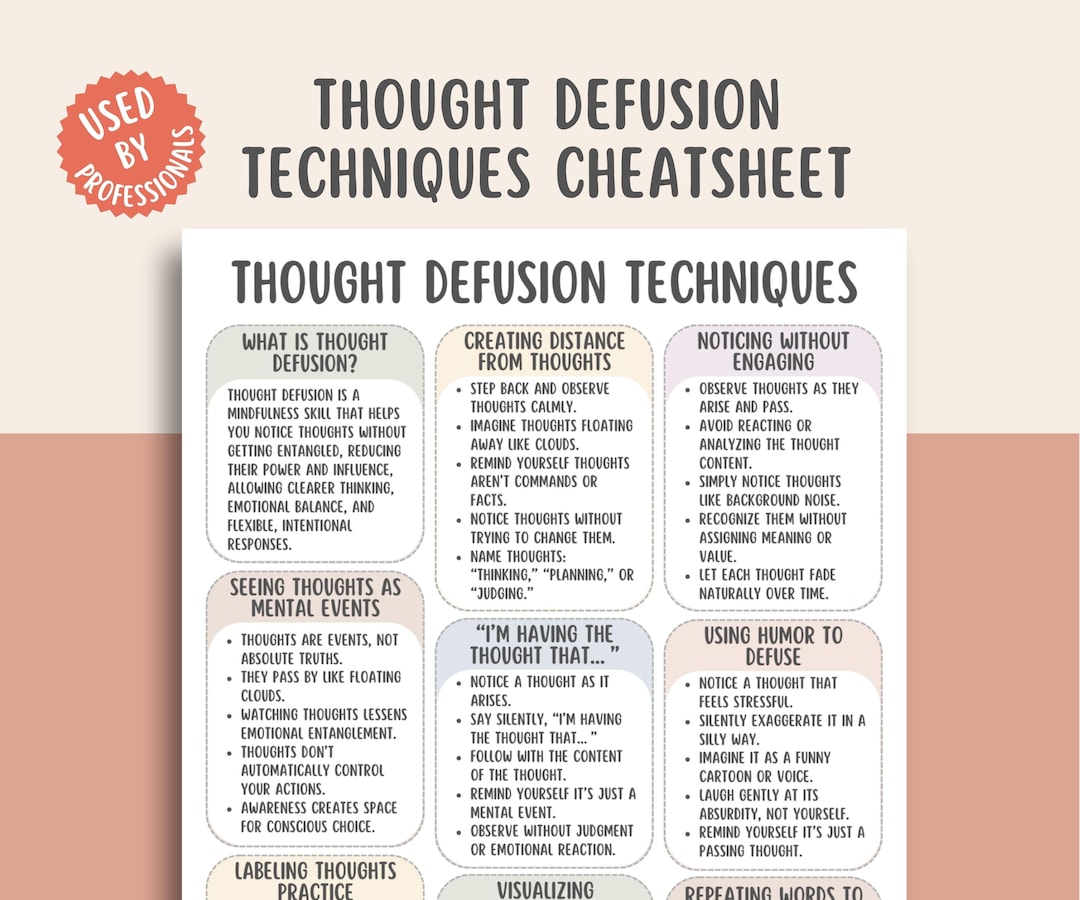 Thought Defusion Techniques Cheatsheet, Thought Release Tool, Cognitive ...