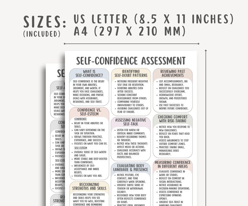 Self-confidence Assessment Cheatsheet, Self Esteem Workbook, Personal ...