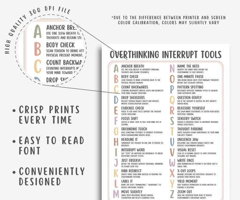 A-Z Overthinking Interrupt Tools Cheatsheet, Rumination Stop Tools ...