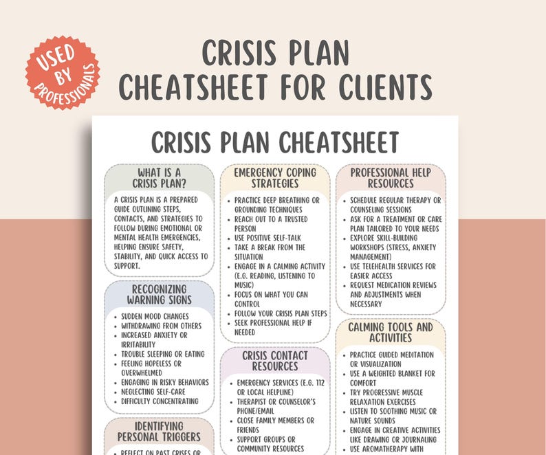 Crisis Plan Cheatsheet, Safety Planning Guide, Emergency Coping Tools ...